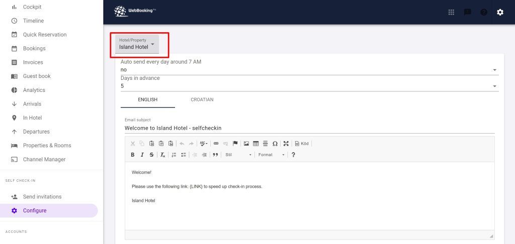 Welcome email and Self check-in - WebBookingPro